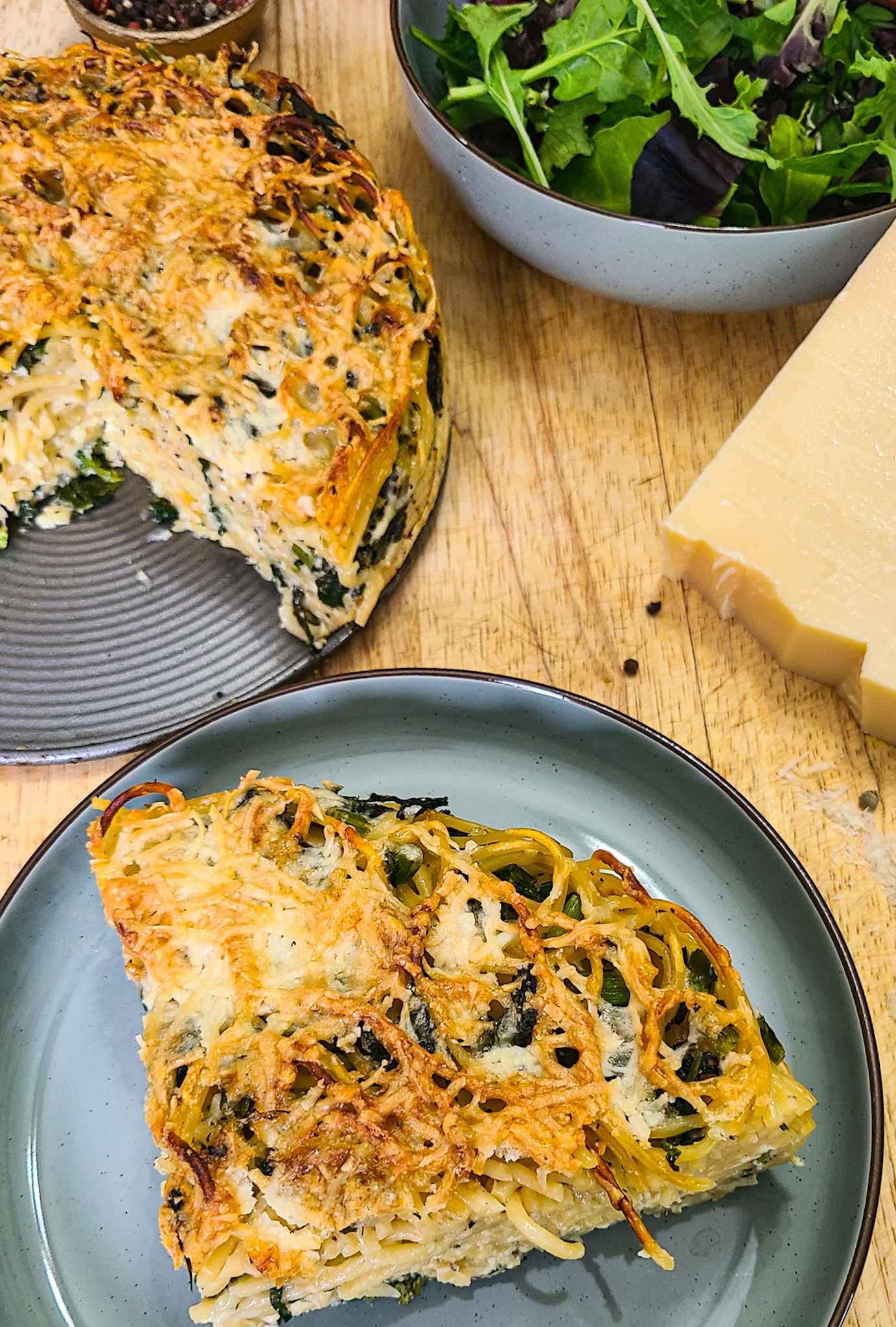 Baked Spaghetti Frittata Pie with Broccoli Rabe and Pecorino